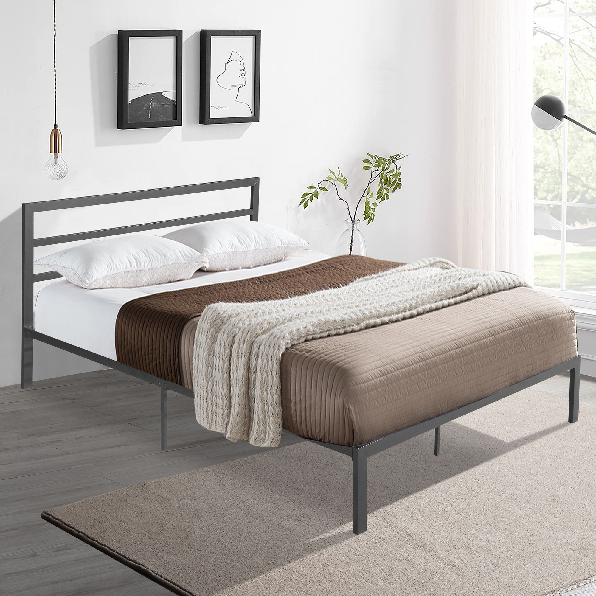 FlexShopper - Queen Metal Bed Frame With Headboard - Charcoal Gray